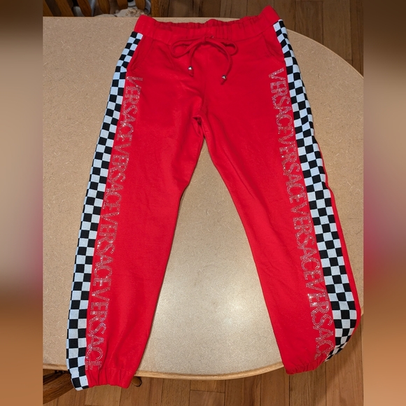 Versace | Pants & Jumpsuits | Versace Rhinestone Logo Red Track Pants ...